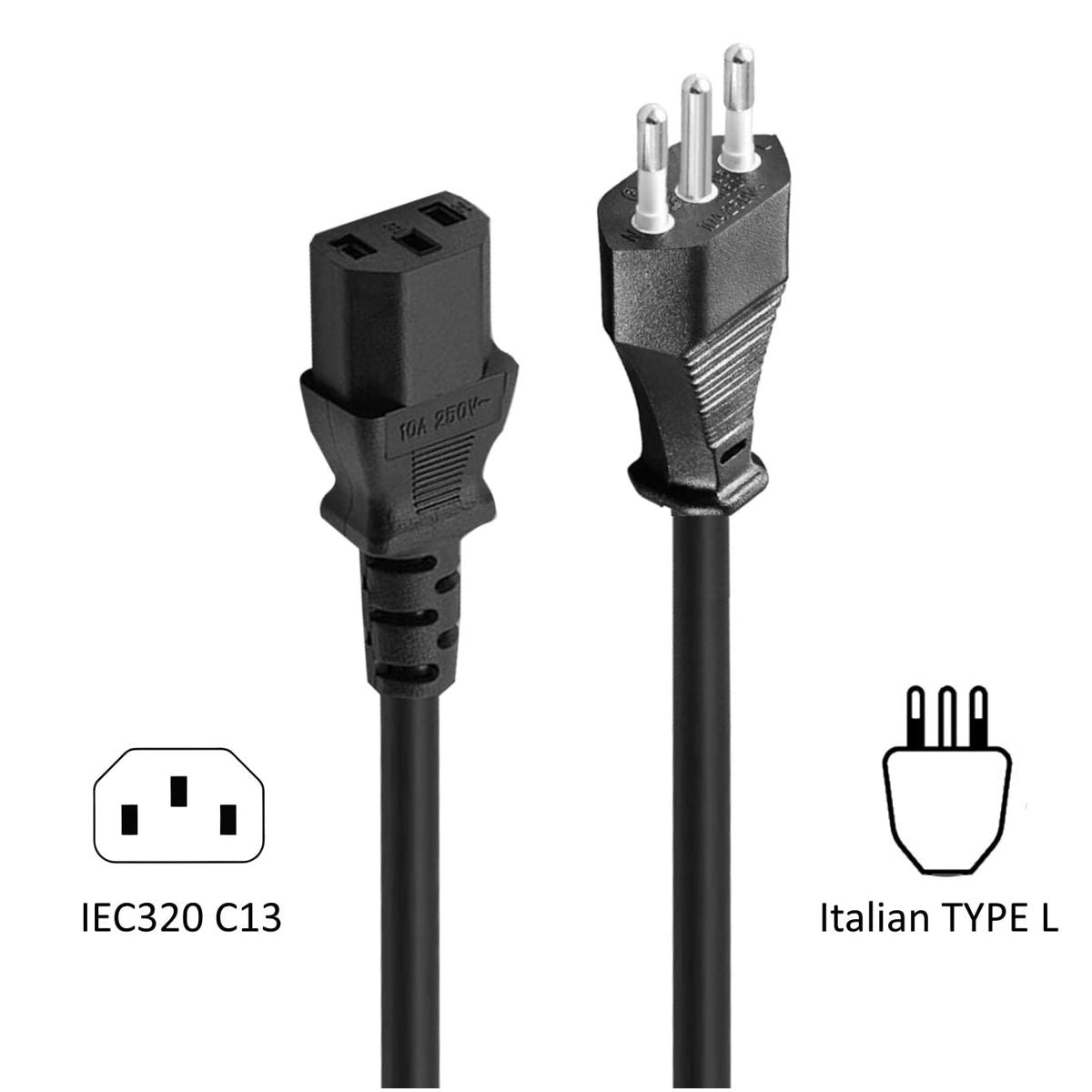 Power cable 1,5mt three-pole angled socket 90 ° IEC320 C13 straight 10 ...
